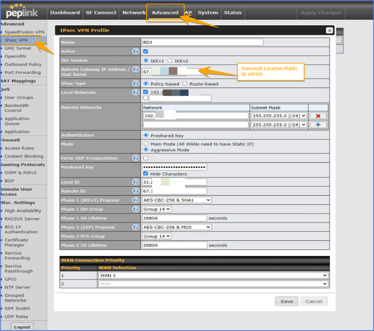 Configuring IPSec VPN Tunnel Between SonicWall and Peplink – Mushaaf Blog